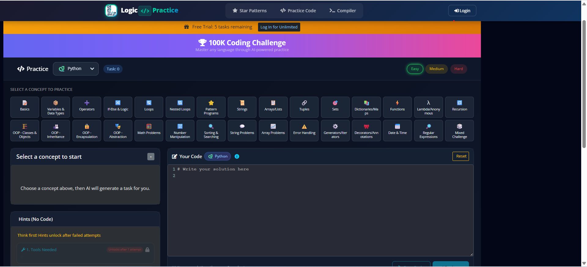 Practice Coding | AI-Powered Multi-Language Challenges